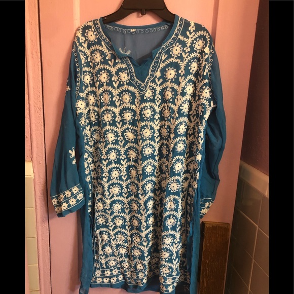 Tops | Blue Embroidered Tunic Top | Poshmark